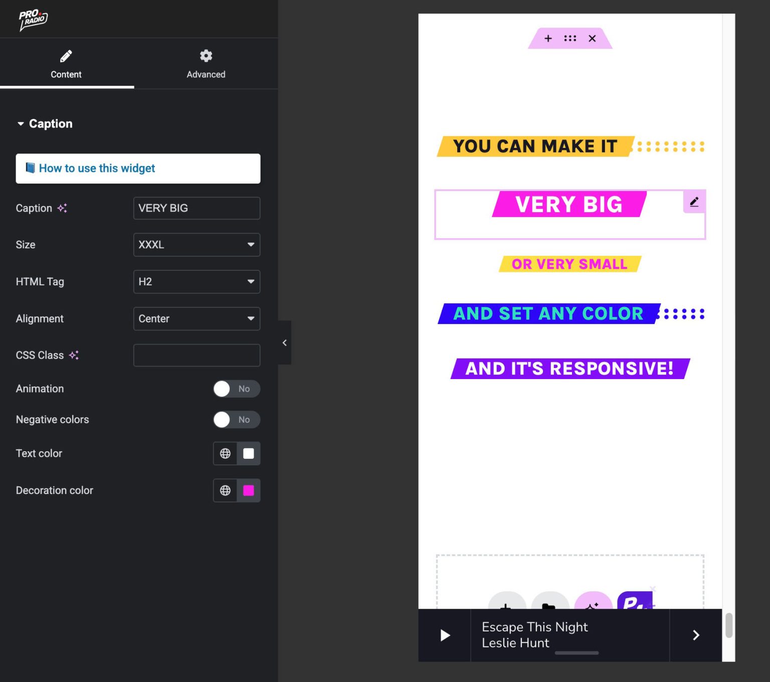 Elementor custom captions with animation effect | Pro.Radio