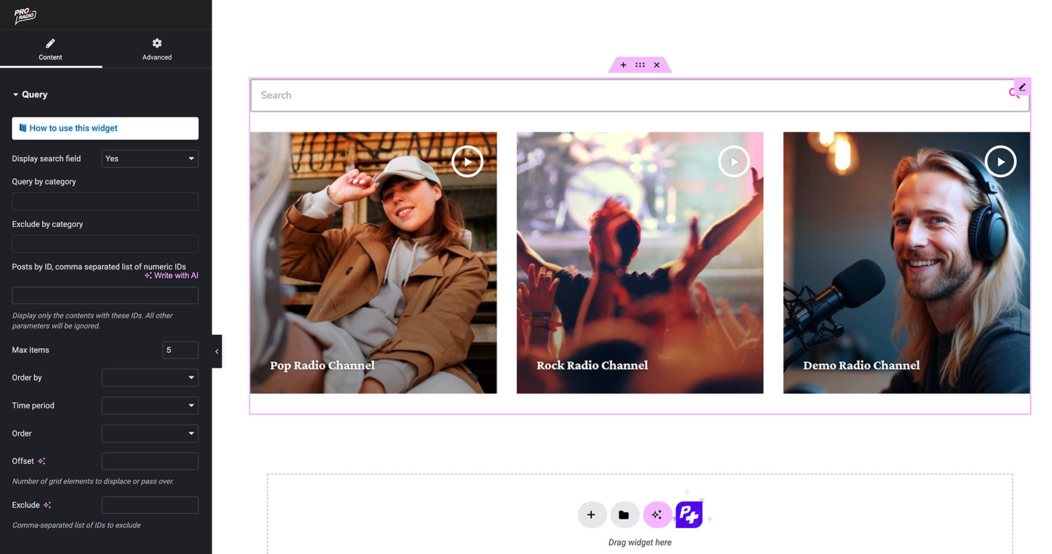 Radio Grid widget for Elementor with Stream Play functionality | Pro.Radio
